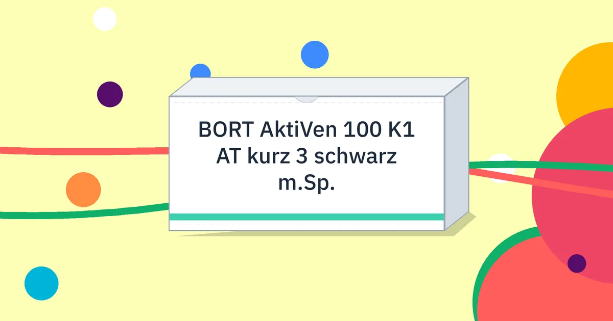Symbolbild: Packung mit der Aufschrift BORT AktiVen 100 K1 AT kurz 3 schwarz m.Sp. (PZN 14389148) – Verfügbarkeit und Bezug in Apotheken in Frankfurt am Main