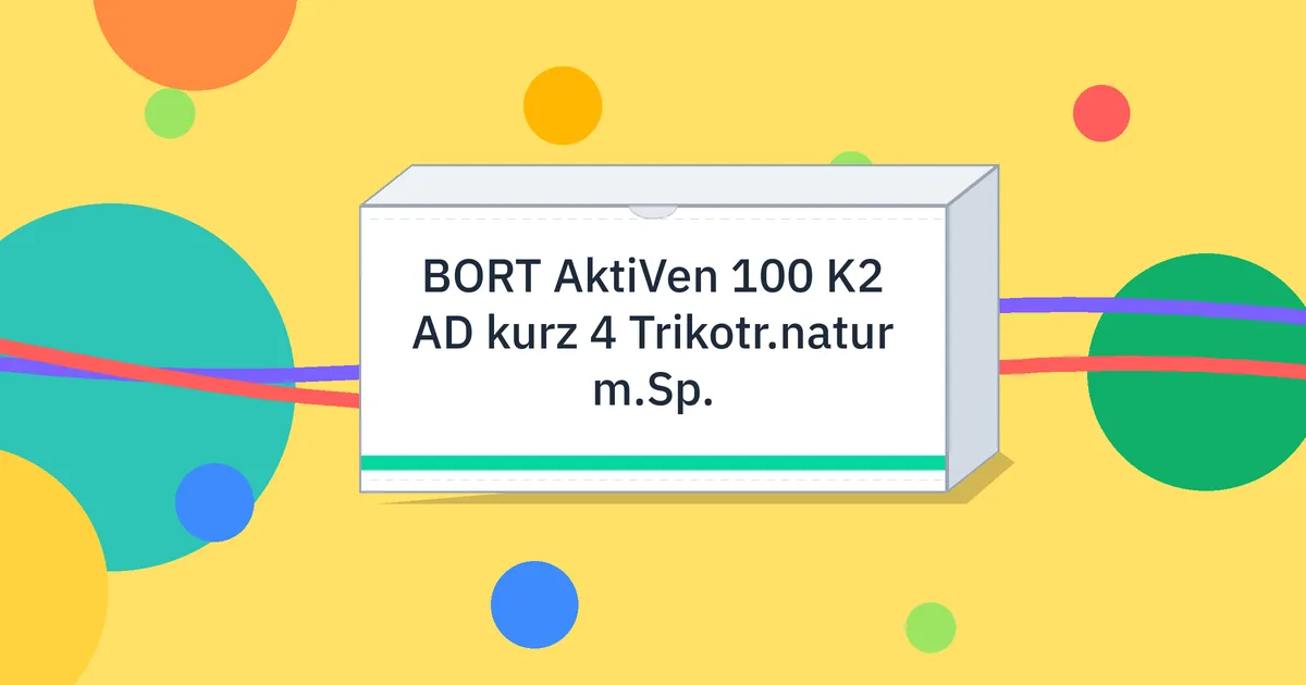 Symbolbild: Packung mit der Aufschrift BORT AktiVen 100 K2 AD kurz 4 Trikotr.natur m.Sp. (PZN 13726572) – Verfügbarkeit und Bezug in Apotheken in Frankfurt am Main
