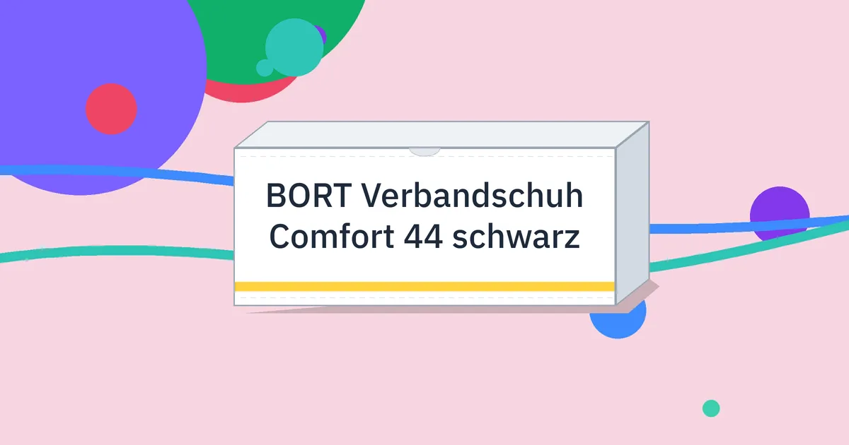Symbolbild: Packung mit der Aufschrift BORT Verbandschuh Comfort 44 schwarz (PZN 02730926) – Verfügbarkeit und Bezug in Apotheken in Frankfurt am Main