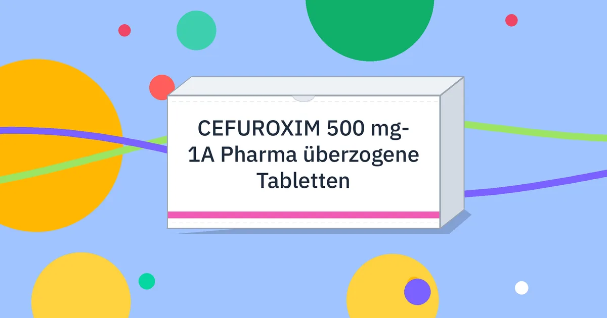 Symbolbild: Packung mit der Aufschrift CEFUROXIM 500 mg-1A Pharma überzogene Tabletten (PZN 04841512) – Verfügbarkeit und Bezug in Apotheken in Frankfurt am Main