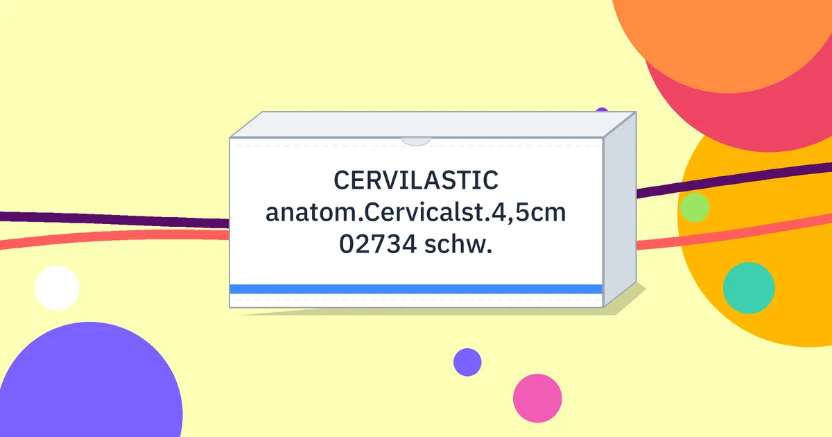 Symbolbild: Packung mit der Aufschrift CERVILASTIC anatom.Cervicalst.4,5cm 02734 schw. (PZN 20331265) – Verfügbarkeit und Bezug in Apotheken in Frankfurt am Main