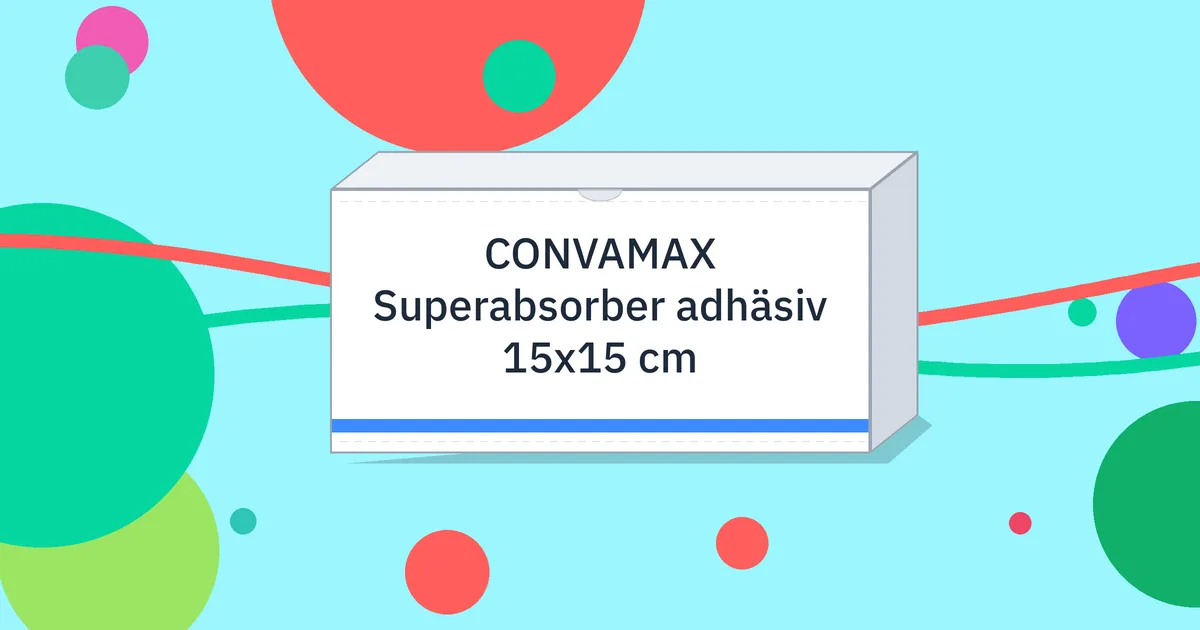 Symbolbild: Packung mit der Aufschrift CONVAMAX Superabsorber adhäsiv 15x15 cm (PZN 19261223) – Verfügbarkeit und Bezug in Apotheken in Frankfurt am Main