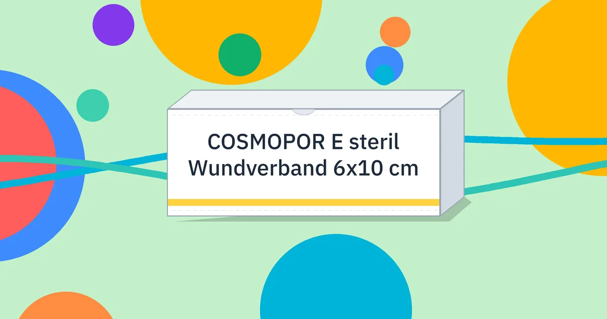 Symbolbild: Packung mit der Aufschrift COSMOPOR E steril Wundverband 6x10 cm (PZN 14418275) – Verfügbarkeit und Bezug in Apotheken in Frankfurt am Main