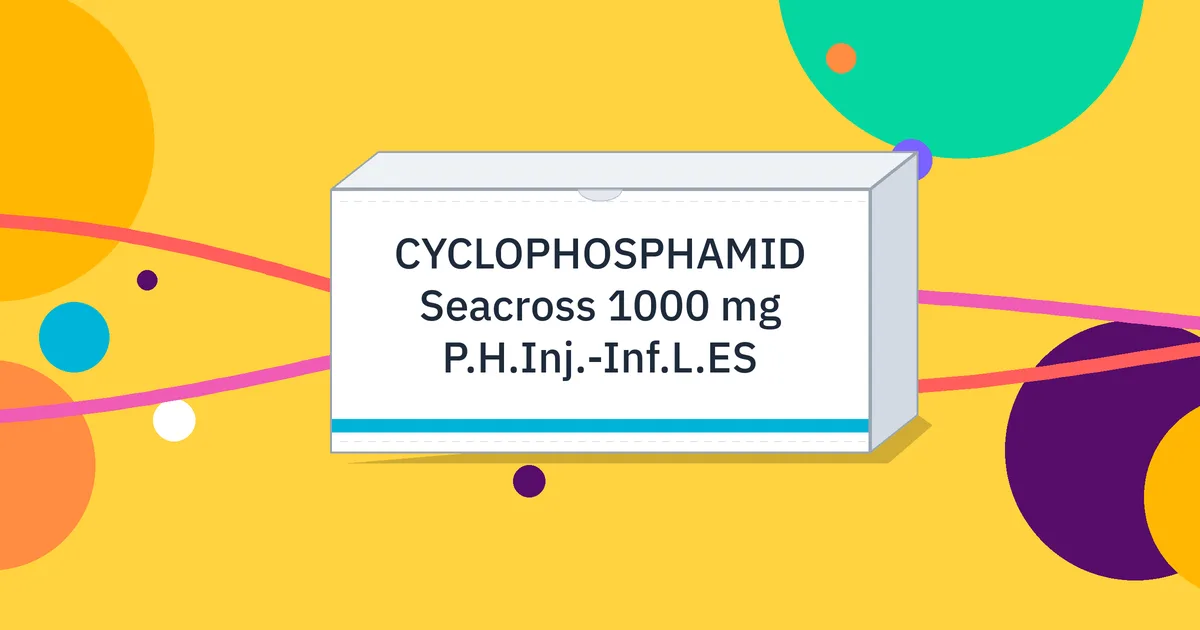 Symbolbild: Packung mit der Aufschrift CYCLOPHOSPHAMID Seacross 1000 mg P.H.Inj.-Inf.L.ES (PZN 20912909) – Verfügbarkeit und Bezug in Apotheken in Frankfurt am Main