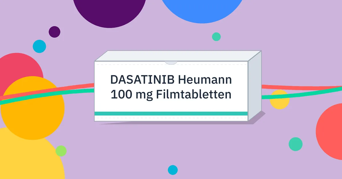 Symbolbild: Packung mit der Aufschrift DASATINIB Heumann 100 mg Filmtabletten (PZN 18066927) – Verfügbarkeit und Bezug in Apotheken in Frankfurt am Main
