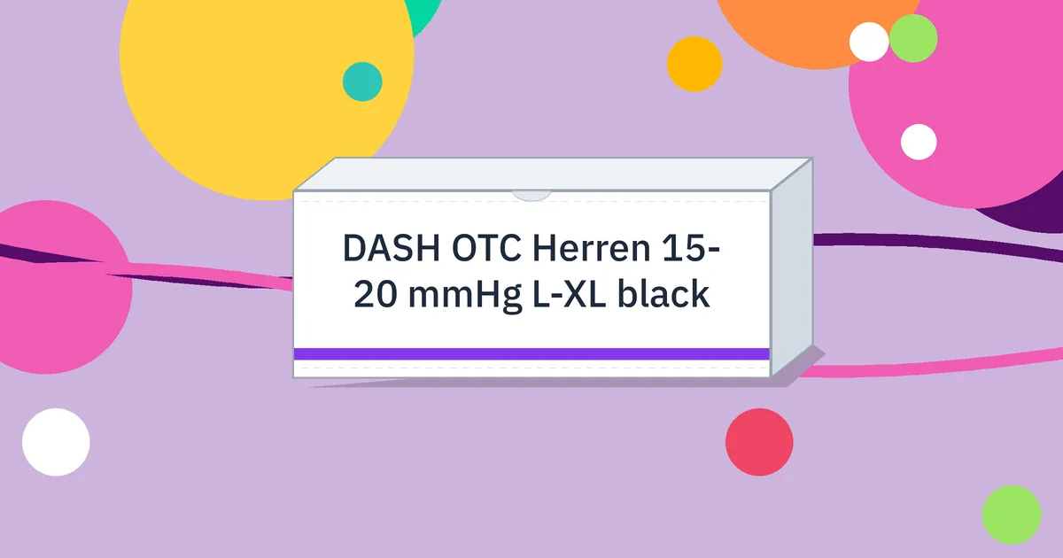 Symbolbild: Packung mit der Aufschrift DASH OTC Herren 15-20 mmHg L-XL black (PZN 20112735) – Verfügbarkeit und Bezug in Apotheken in Frankfurt am Main