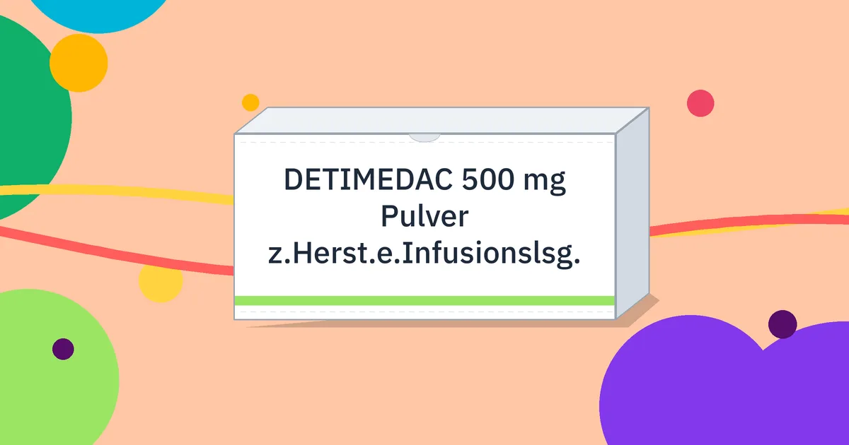 Symbolbild: Packung mit der Aufschrift DETIMEDAC 500 mg Pulver z.Herst.e.Infusionslsg. (PZN 04939412) – Verfügbarkeit und Bezug in Apotheken in Frankfurt am Main