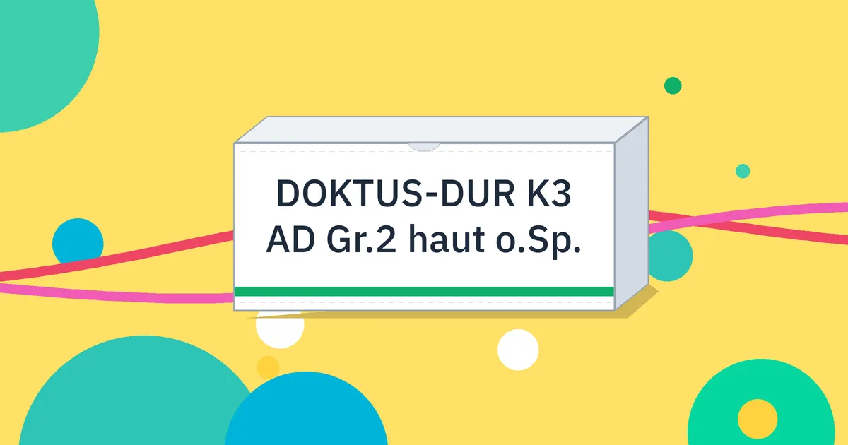 Symbolbild: Packung mit der Aufschrift DOKTUS-DUR K3 AD Gr.2 haut o.Sp. (PZN 00596837) – Verfügbarkeit und Bezug in Apotheken in Frankfurt am Main