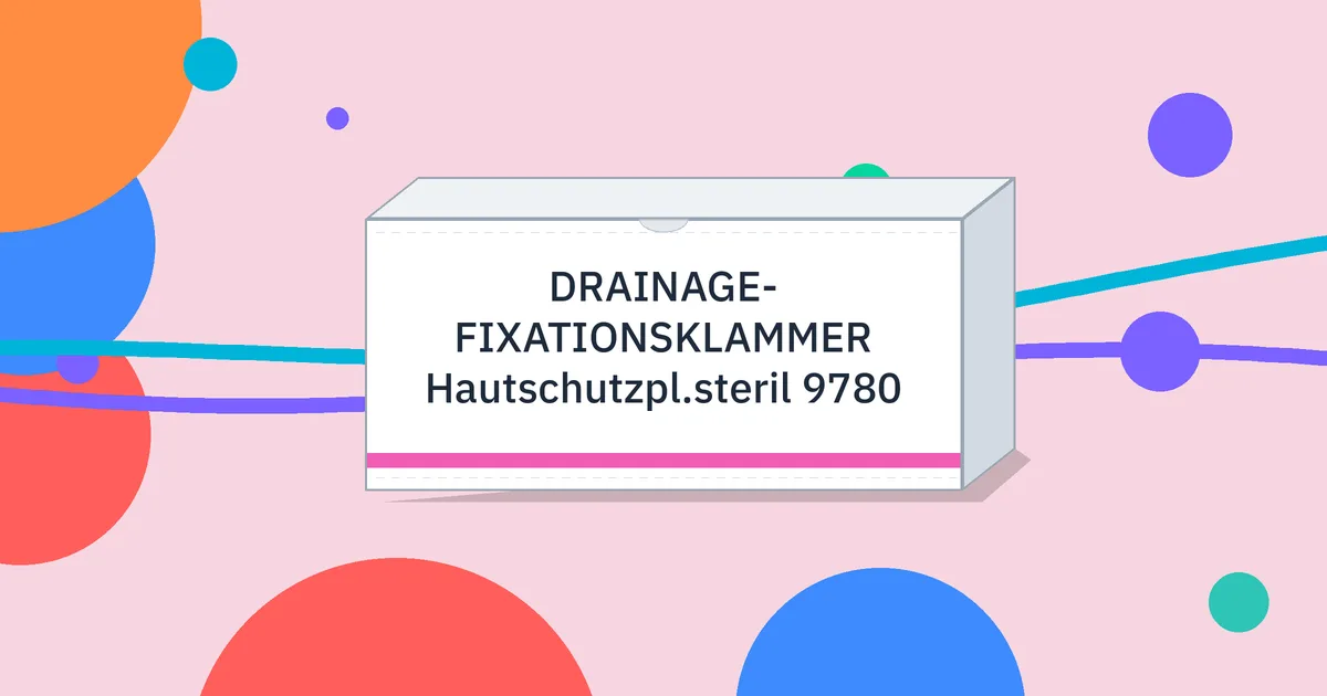 Symbolbild: Packung mit der Aufschrift DRAINAGE-FIXATIONSKLAMMER Hautschutzpl.steril 9780 (PZN 03543422) – Verfügbarkeit und Bezug in Apotheken in Frankfurt am Main