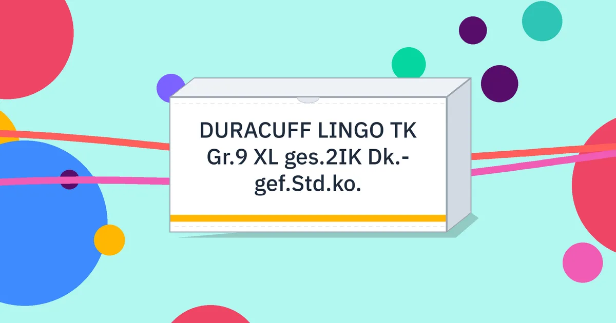 Symbolbild: Packung mit der Aufschrift DURACUFF LINGO TK Gr.9 XL ges.2IK Dk.-gef.Std.ko. (PZN 04964143) – Verfügbarkeit und Bezug in Apotheken in Frankfurt am Main