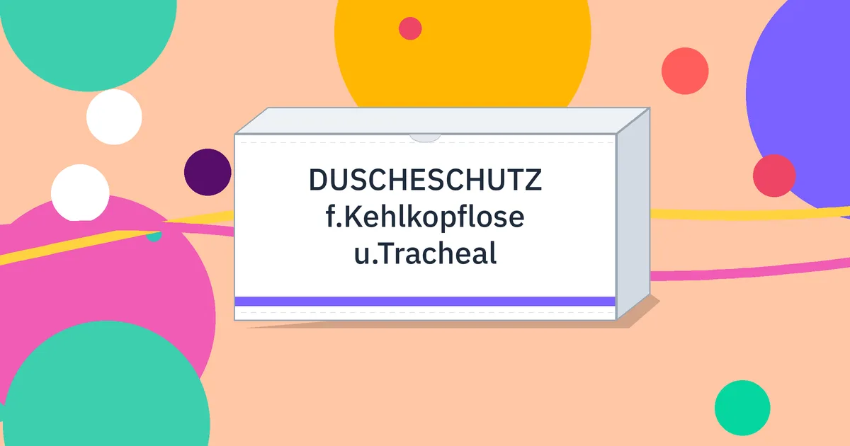 Symbolbild: Packung mit der Aufschrift DUSCHESCHUTZ f.Kehlkopflose u.Tracheal (PZN 04770781) – Verfügbarkeit und Bezug in Apotheken in Frankfurt am Main