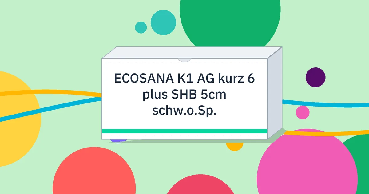 Symbolbild: Packung mit der Aufschrift ECOSANA K1 AG kurz 6 plus SHB 5cm schw.o.Sp. (PZN 04729749) – Verfügbarkeit und Bezug in Apotheken in Frankfurt am Main