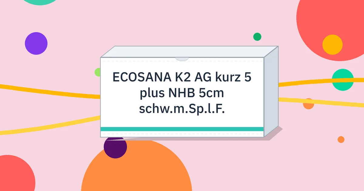 Symbolbild: Packung mit der Aufschrift ECOSANA K2 AG kurz 5 plus NHB 5cm schw.m.Sp.l.F. (PZN 10955467) – Verfügbarkeit und Bezug in Apotheken in Frankfurt am Main