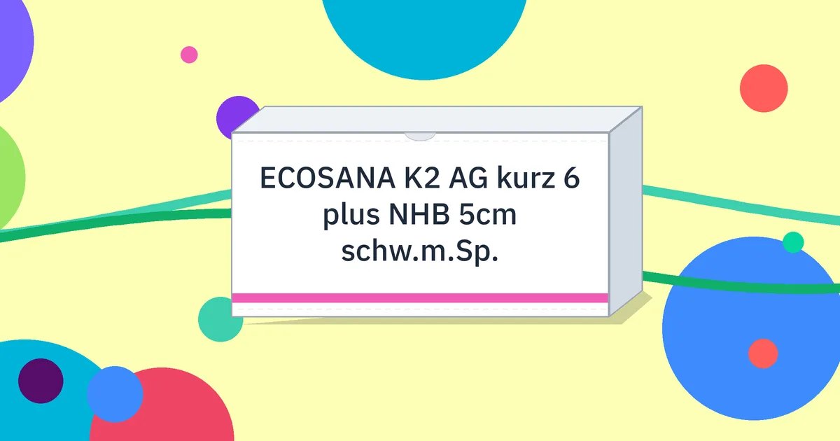 Symbolbild: Packung mit der Aufschrift ECOSANA K2 AG kurz 6 plus NHB 5cm schw.m.Sp. (PZN 01494926) – Verfügbarkeit und Bezug in Apotheken in Frankfurt am Main