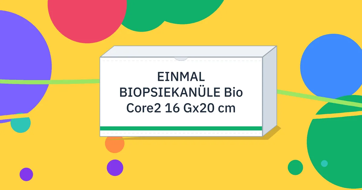 Symbolbild: Packung mit der Aufschrift EINMAL BIOPSIEKANÜLE Bio Core2 16 Gx20 cm (PZN 10184685) – Verfügbarkeit und Bezug in Apotheken in Frankfurt am Main
