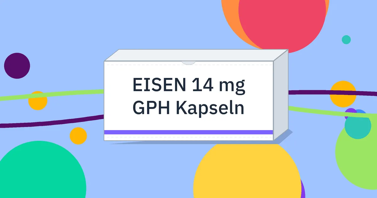 Symbolbild: Packung mit der Aufschrift EISEN 14 mg GPH Kapseln (PZN 00882750) – Verfügbarkeit und Bezug in Apotheken in Frankfurt am Main