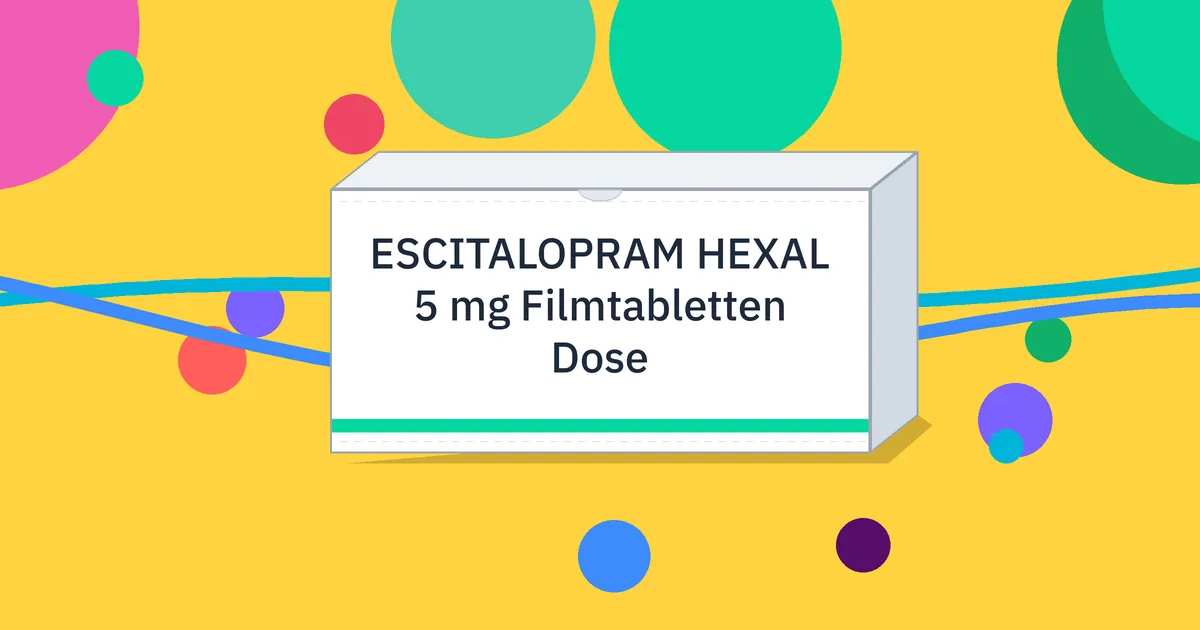 Symbolbild: Packung mit der Aufschrift ESCITALOPRAM HEXAL 5 mg Filmtabletten Dose (PZN 17420663) – Verfügbarkeit und Bezug in Apotheken in Frankfurt am Main