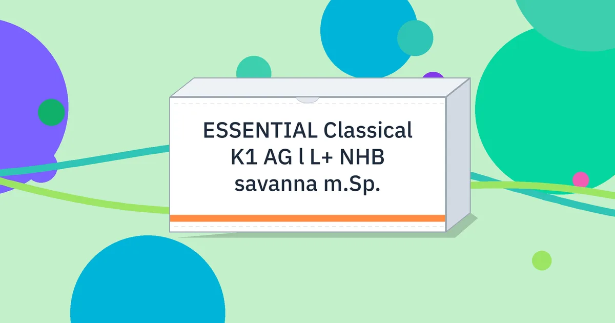 Symbolbild: Packung mit der Aufschrift ESSENTIAL Classical K1 AG l L+ NHB savanna m.Sp. (PZN 17003066) – Verfügbarkeit und Bezug in Apotheken in Frankfurt am Main
