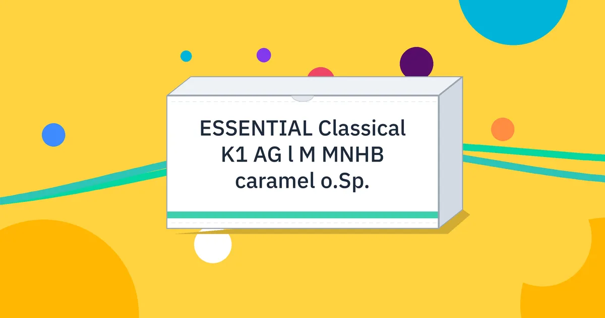 Symbolbild: Packung mit der Aufschrift ESSENTIAL Classical K1 AG l M MNHB caramel o.Sp. (PZN 19321333) – Verfügbarkeit und Bezug in Apotheken in Frankfurt am Main
