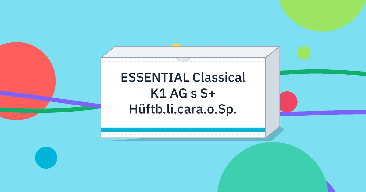 Symbolbild: Packung mit der Aufschrift ESSENTIAL Classical K1 AG s S+ Hüftb.li.cara.o.Sp. (PZN 17011456) – Verfügbarkeit und Bezug in Apotheken in Frankfurt am Main