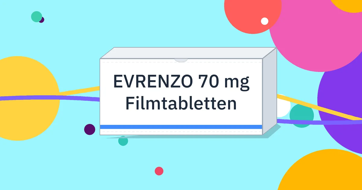 Symbolbild: Packung mit der Aufschrift EVRENZO 70 mg Filmtabletten (PZN 20370839) – Verfügbarkeit und Bezug in Apotheken in Frankfurt am Main