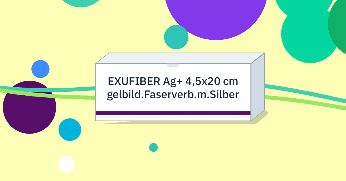Symbolbild: Packung mit der Aufschrift EXUFIBER Ag+ 4,5x20 cm gelbild.Faserverb.m.Silber (PZN 14039365) – Verfügbarkeit und Bezug in Apotheken in Frankfurt am Main