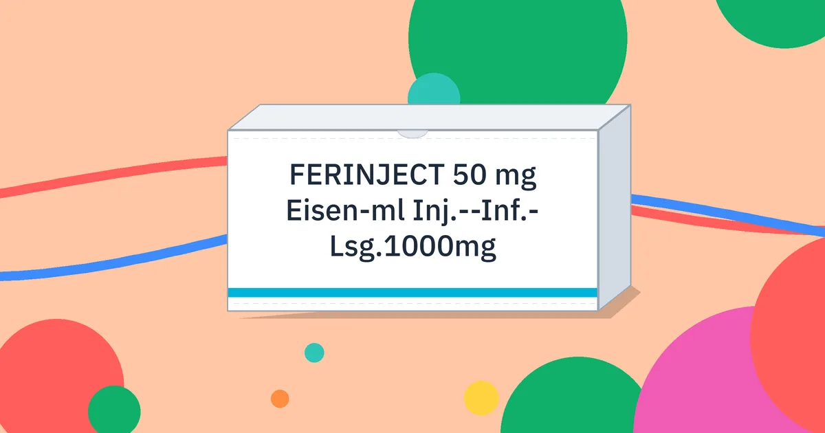Symbolbild: Packung mit der Aufschrift FERINJECT 50 mg Eisen-ml Inj.--Inf.-Lsg.1000mg (PZN 17626695) – Verfügbarkeit und Bezug in Apotheken in Frankfurt am Main