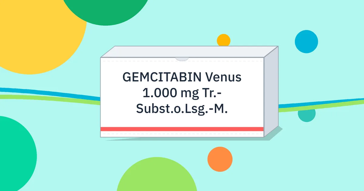 Symbolbild: Packung mit der Aufschrift GEMCITABIN Venus 1.000 mg Tr.-Subst.o.Lsg.-M. (PZN 09300608) – Verfügbarkeit und Bezug in Apotheken in Frankfurt am Main