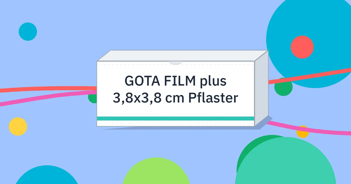 Symbolbild: Packung mit der Aufschrift GOTA FILM plus 3,8x3,8 cm Pflaster (PZN 06571927) – Verfügbarkeit und Bezug in Apotheken in Frankfurt am Main