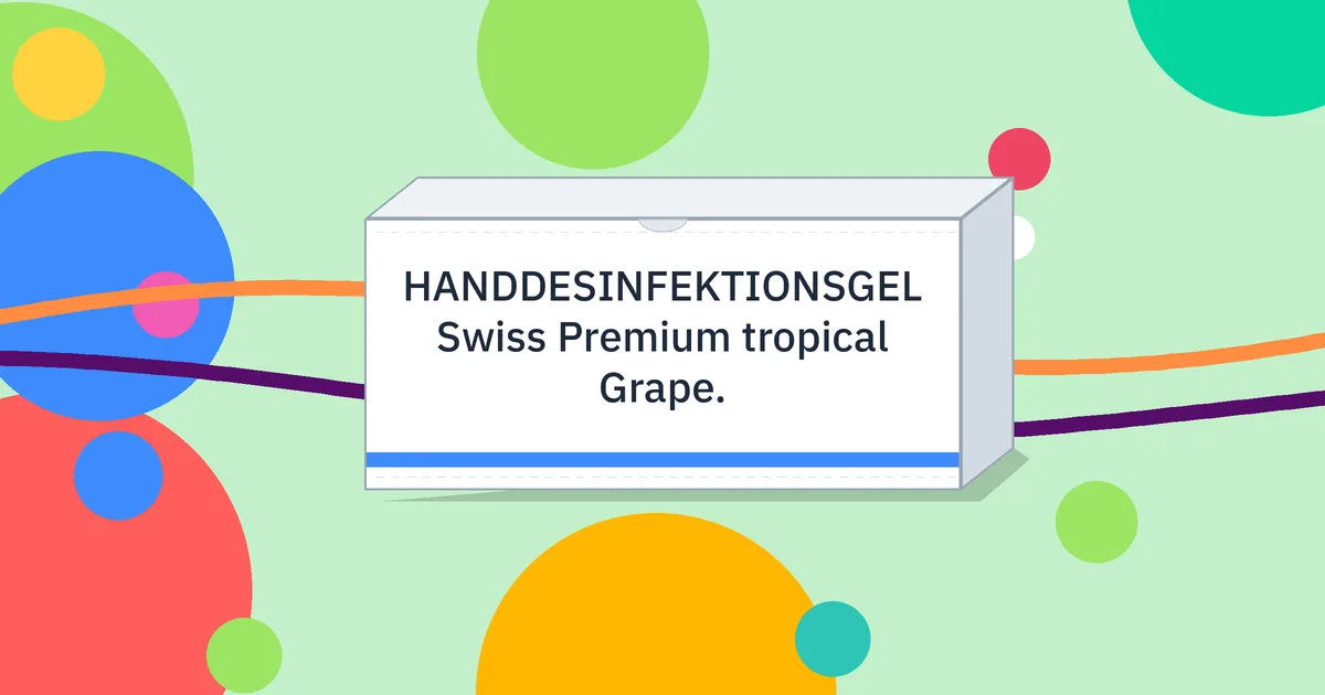 Symbolbild: Packung mit der Aufschrift HANDDESINFEKTIONSGEL Swiss Premium tropical Grape. (PZN 18053617) – Verfügbarkeit und Bezug in Apotheken in Frankfurt am Main