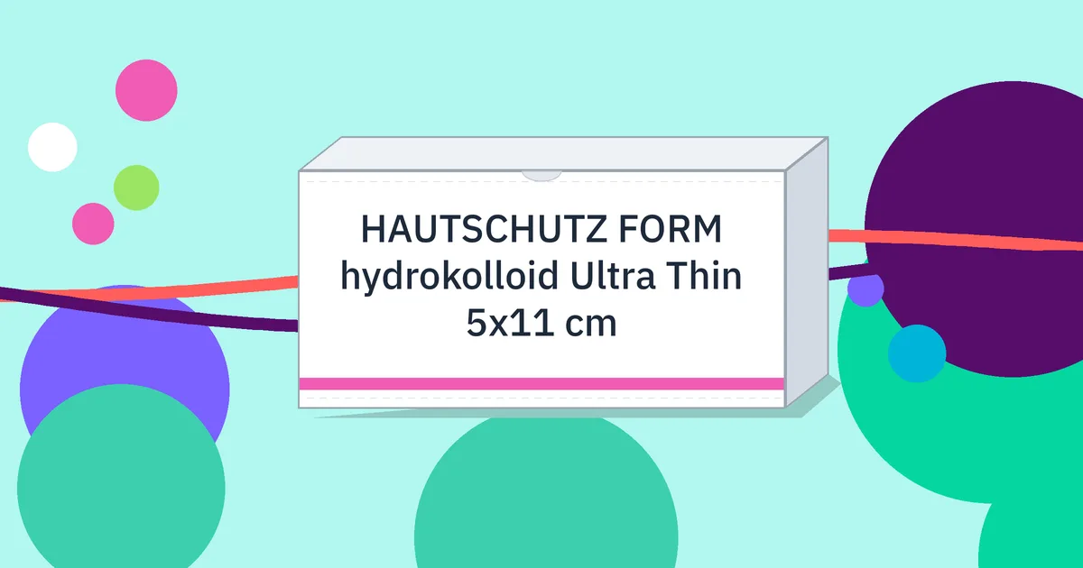 Symbolbild: Packung mit der Aufschrift HAUTSCHUTZ FORM hydrokolloid Ultra Thin 5x11 cm (PZN 11666475) – Verfügbarkeit und Bezug in Apotheken in Frankfurt am Main