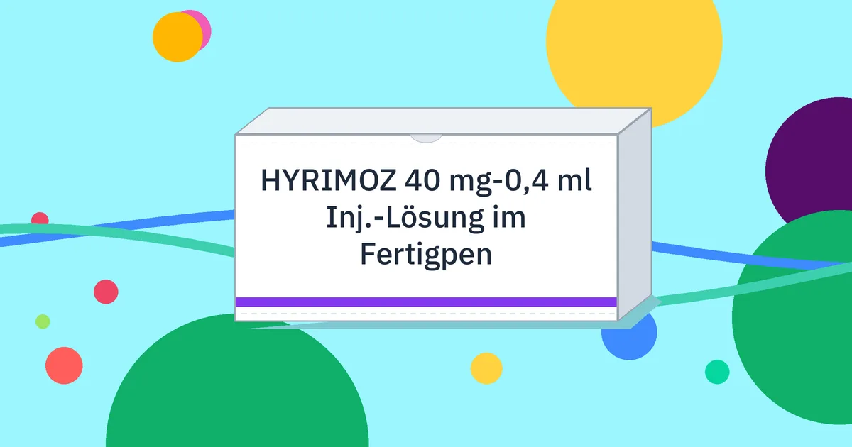 Symbolbild: Packung mit der Aufschrift HYRIMOZ 40 mg-0,4 ml Inj.-Lösung im Fertigpen (PZN 19199932) – Verfügbarkeit und Bezug in Apotheken in Frankfurt am Main