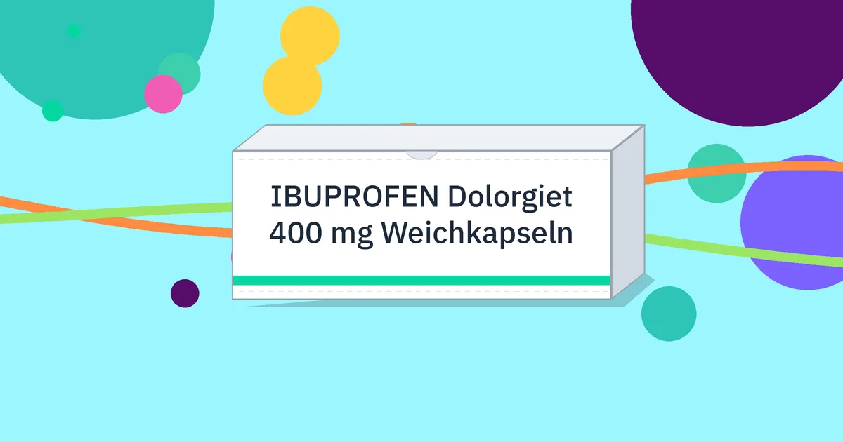 Symbolbild: Packung mit der Aufschrift IBUPROFEN Dolorgiet 400 mg Weichkapseln (PZN 17416288) – Verfügbarkeit und Bezug in Apotheken in Frankfurt am Main