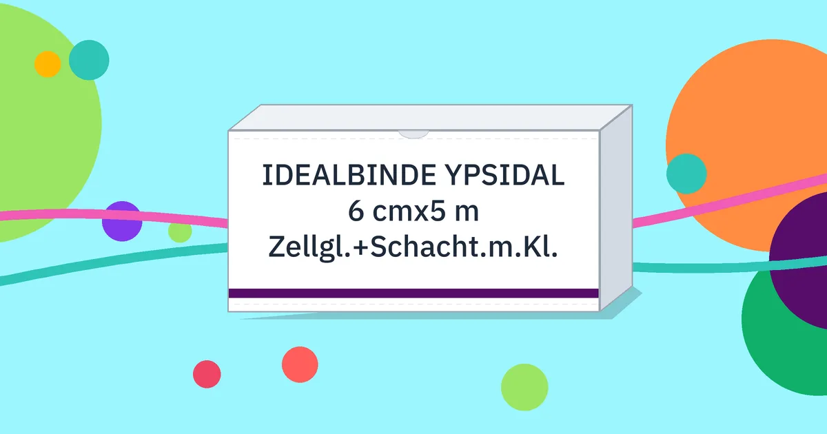 Symbolbild: Packung mit der Aufschrift IDEALBINDE YPSIDAL 6 cmx5 m Zellgl.+Schacht.m.Kl. (PZN 03307704) – Verfügbarkeit und Bezug in Apotheken in Frankfurt am Main
