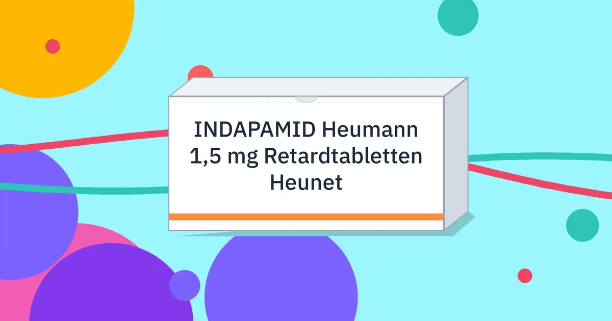 Symbolbild: Packung mit der Aufschrift INDAPAMID Heumann 1,5 mg Retardtabletten Heunet (PZN 17147836) – Verfügbarkeit und Bezug in Apotheken in Frankfurt am Main