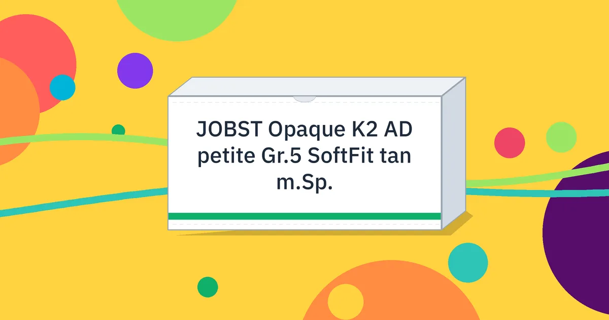 Symbolbild: Packung mit der Aufschrift JOBST Opaque K2 AD petite Gr.5 SoftFit tan m.Sp. (PZN 16279091) – Verfügbarkeit und Bezug in Apotheken in Frankfurt am Main