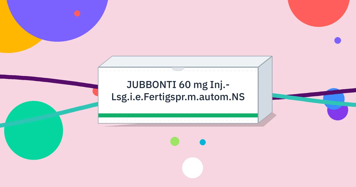 Symbolbild: Packung mit der Aufschrift JUBBONTI 60 mg Inj.-Lsg.i.e.Fertigspr.m.autom.NS (PZN 19282745) – Verfügbarkeit und Bezug in Apotheken in Frankfurt am Main