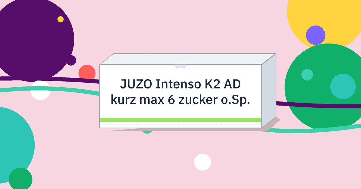 Symbolbild: Packung mit der Aufschrift JUZO Intenso K2 AD kurz max 6 zucker o.Sp. (PZN 18618982) – Verfügbarkeit und Bezug in Apotheken in Frankfurt am Main
