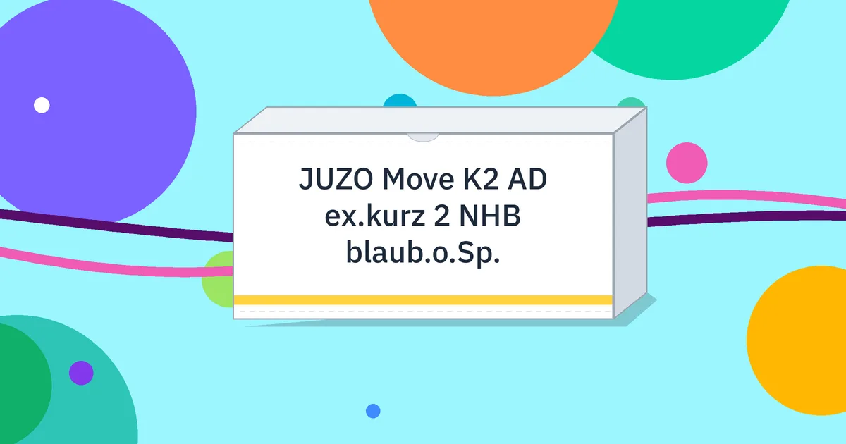Symbolbild: Packung mit der Aufschrift JUZO Move K2 AD ex.kurz 2 NHB blaub.o.Sp. (PZN 18542368) – Verfügbarkeit und Bezug in Apotheken in Frankfurt am Main