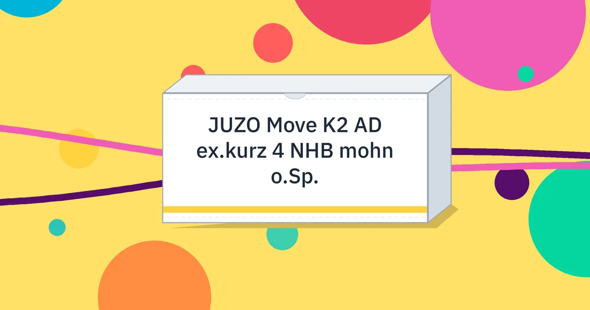 Symbolbild: Packung mit der Aufschrift JUZO Move K2 AD ex.kurz 4 NHB mohn o.Sp. (PZN 18542440) – Verfügbarkeit und Bezug in Apotheken in Frankfurt am Main