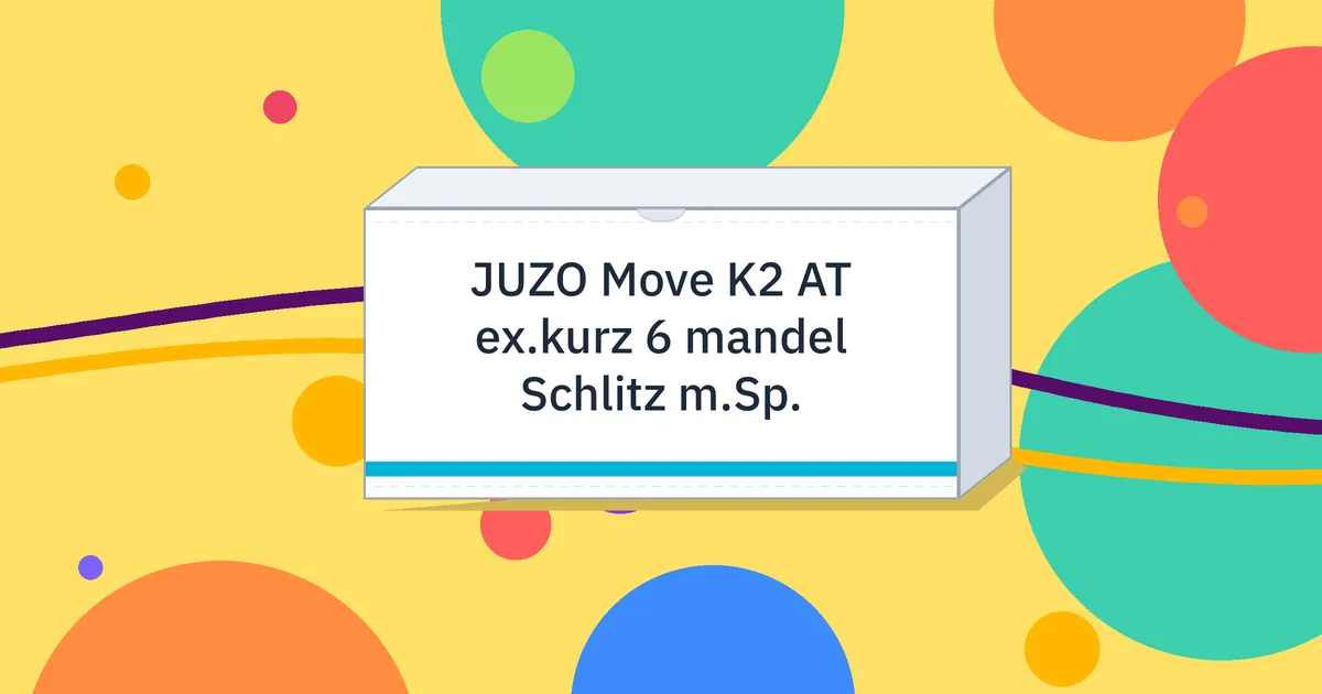 Symbolbild: Packung mit der Aufschrift JUZO Move K2 AT ex.kurz 6 mandel Schlitz m.Sp. (PZN 20671972) – Verfügbarkeit und Bezug in Apotheken in Frankfurt am Main