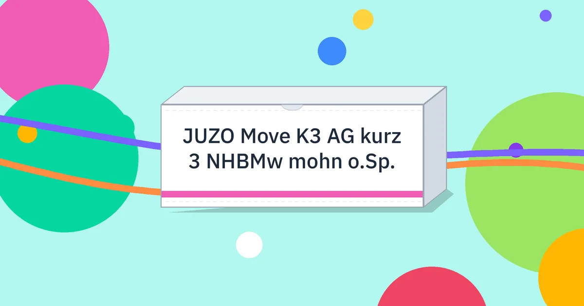 Symbolbild: Packung mit der Aufschrift JUZO Move K3 AG kurz 3 NHBMw mohn o.Sp. (PZN 18592811) – Verfügbarkeit und Bezug in Apotheken in Frankfurt am Main