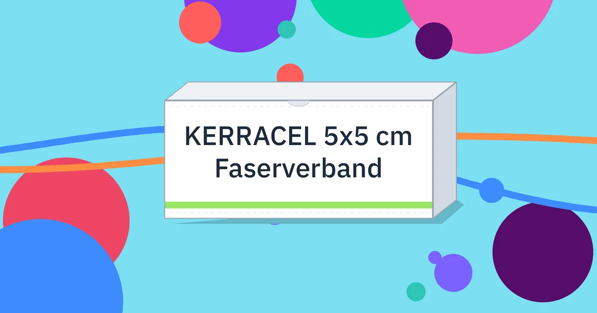 Symbolbild: Packung mit der Aufschrift KERRACEL 5x5 cm Faserverband (PZN 11869646) – Verfügbarkeit und Bezug in Apotheken in Frankfurt am Main