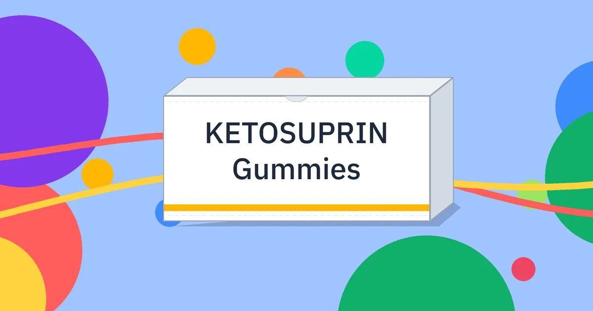 Symbolbild: Packung mit der Aufschrift KETOSUPRIN Gummies (PZN 19630790) – Verfügbarkeit und Bezug in Apotheken in Frankfurt am Main
