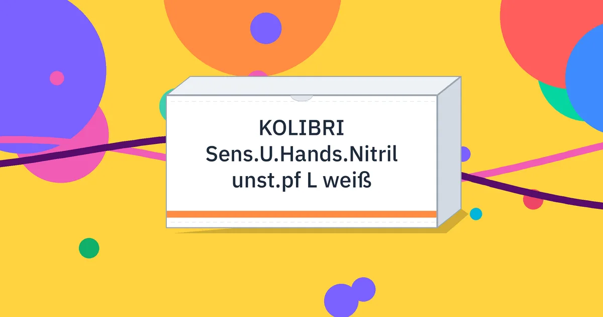 Symbolbild: Packung mit der Aufschrift KOLIBRI Sens.U.Hands.Nitril unst.pf L weiß (PZN 18891465) – Verfügbarkeit und Bezug in Apotheken in Frankfurt am Main