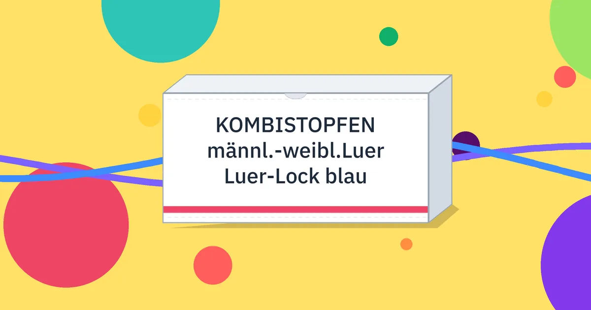 Symbolbild: Packung mit der Aufschrift KOMBISTOPFEN männl.-weibl.Luer Luer-Lock blau (PZN 18836992) – Verfügbarkeit und Bezug in Apotheken in Frankfurt am Main