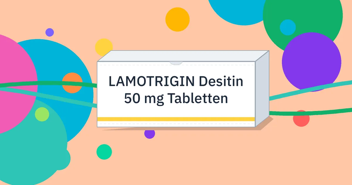 Symbolbild: Packung mit der Aufschrift LAMOTRIGIN Desitin 50 mg Tabletten (PZN 03360756) – Verfügbarkeit und Bezug in Apotheken in Frankfurt am Main