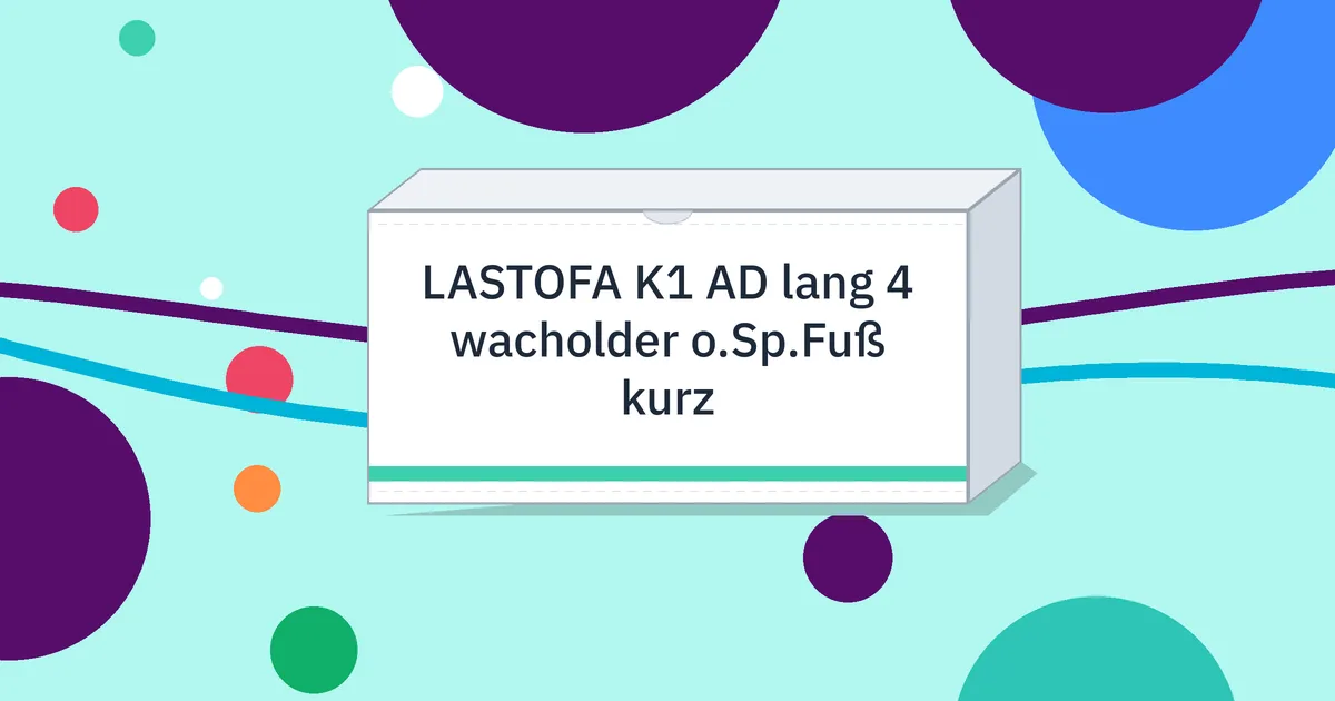 Symbolbild: Packung mit der Aufschrift LASTOFA K1 AD lang 4 wacholder o.Sp.Fuß kurz (PZN 13787438) – Verfügbarkeit und Bezug in Apotheken in Frankfurt am Main