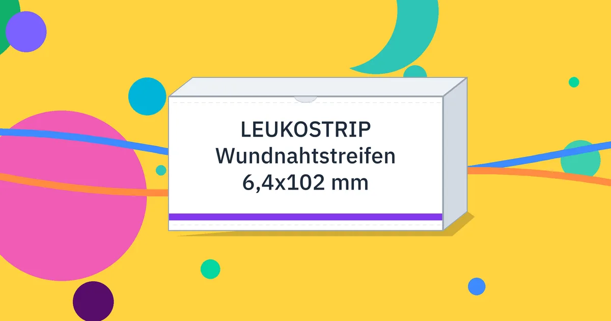 Symbolbild: Packung mit der Aufschrift LEUKOSTRIP Wundnahtstreifen 6,4x102 mm (PZN 07610397) – Verfügbarkeit und Bezug in Apotheken in Frankfurt am Main