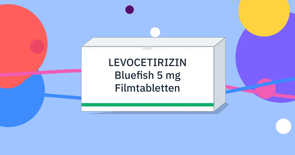 Symbolbild: Packung mit der Aufschrift LEVOCETIRIZIN Bluefish 5 mg Filmtabletten (PZN 00139471) – Verfügbarkeit und Bezug in Apotheken in Frankfurt am Main